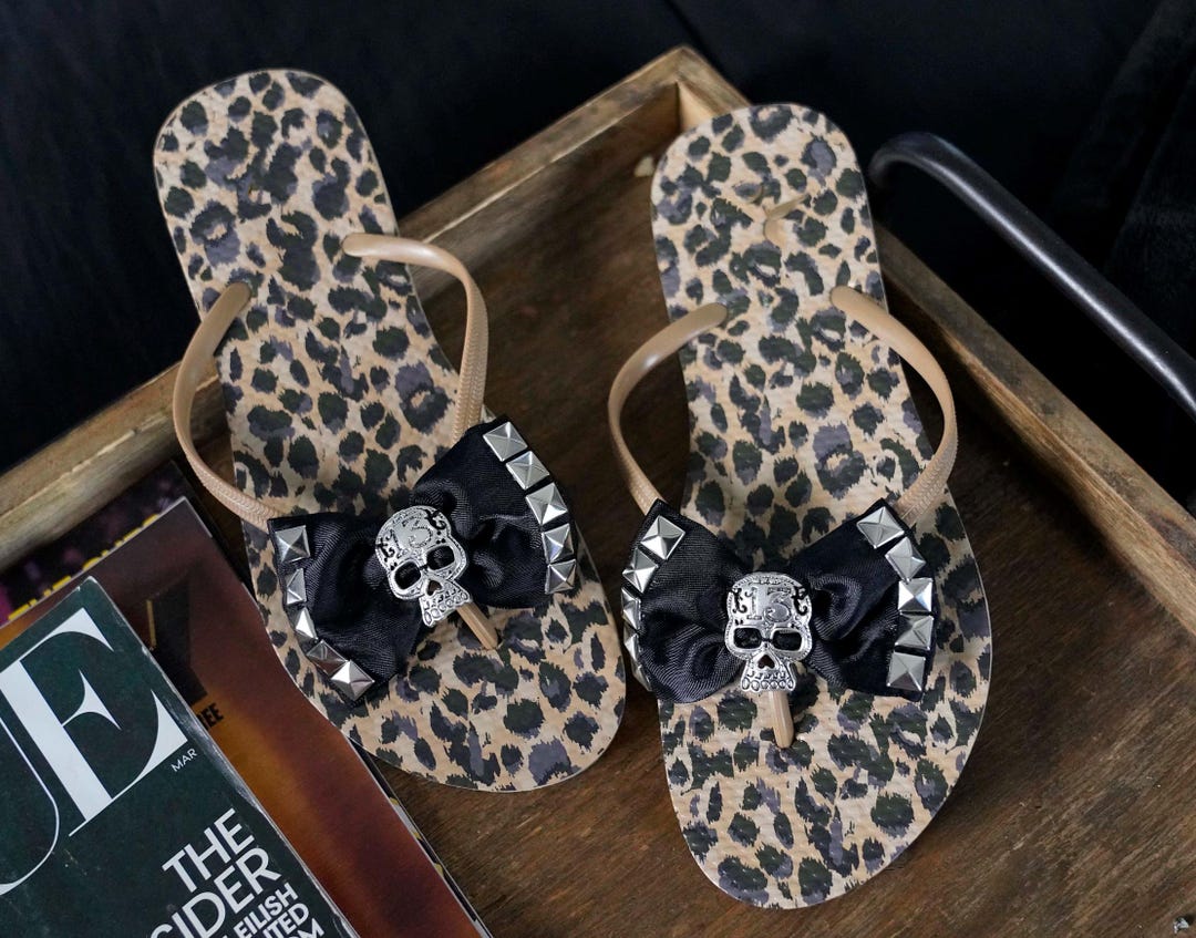 Leopard Sugar Skull Flip Flops: Rockabilly Pin up Bow Sandals - Etsy
