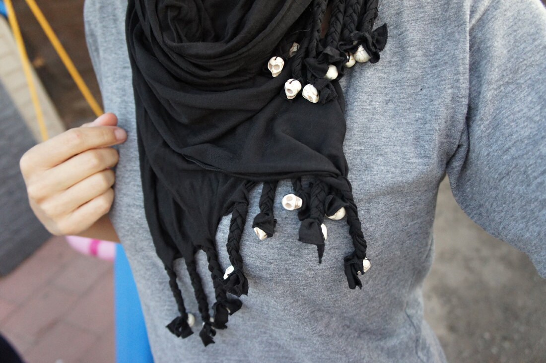 Olivia Paige punk rock black fabric scarf with skulls beads | Etsy