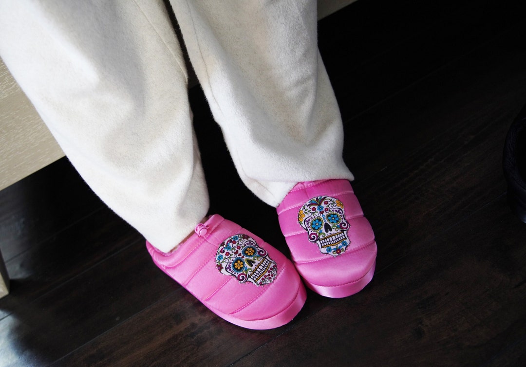 Olivia Paige sugar Skull Skeleton Closed-toe Faux Fur Slippers Satin ...