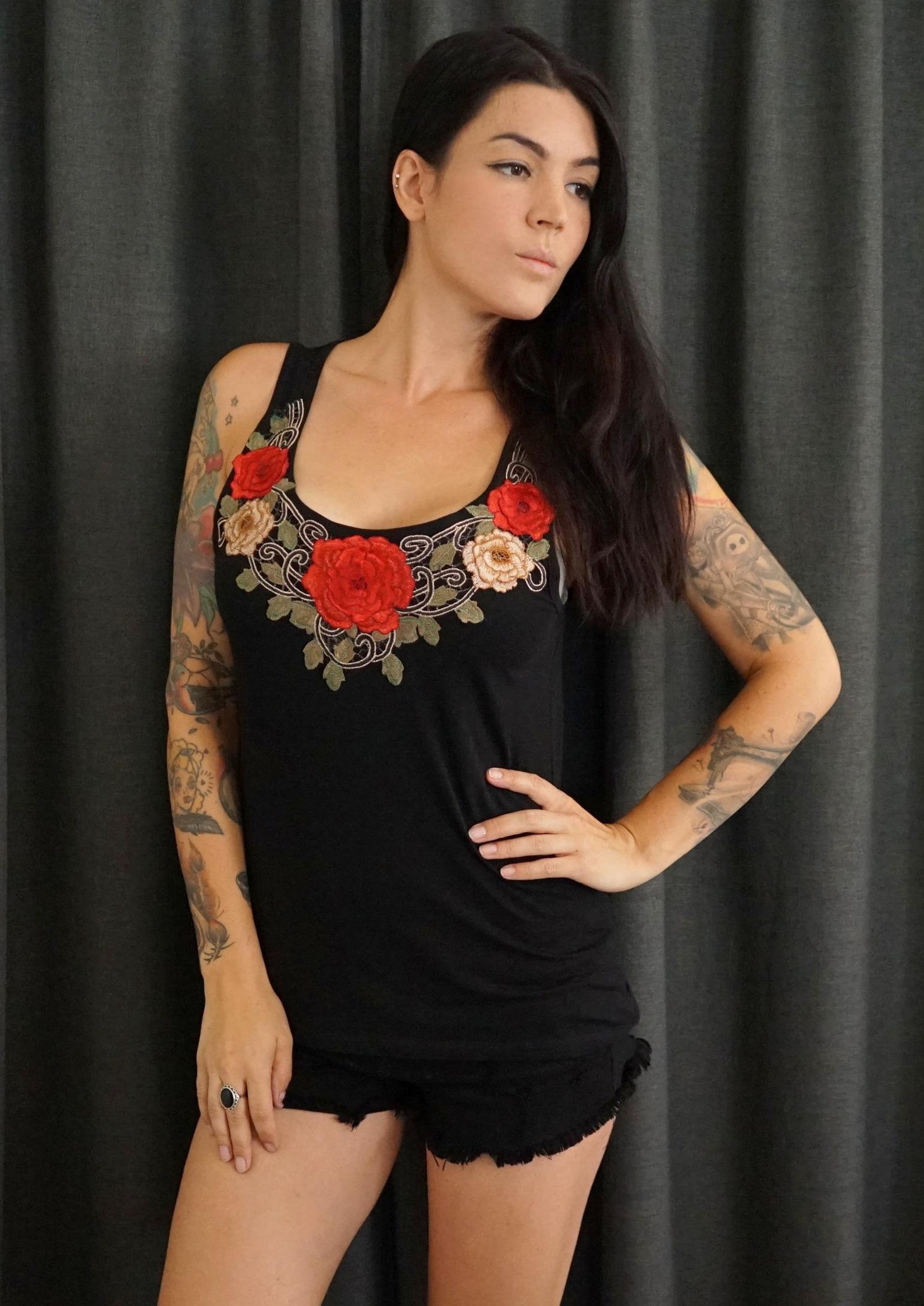 Olivia Paige Clothing -embroidery Appliqué Tattoo Rose Roses Tank Top ...
