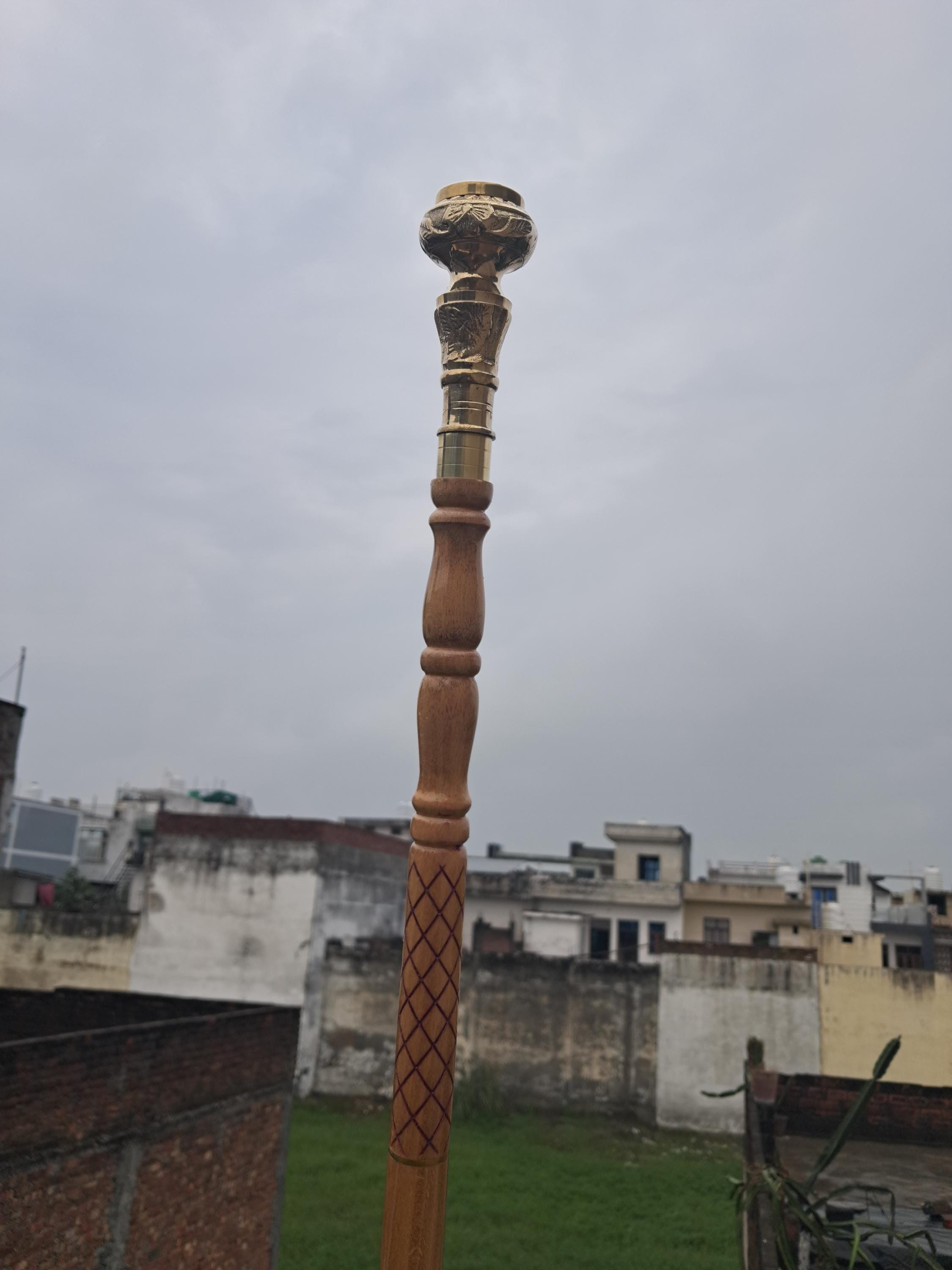 Brass Compass Wooden Walking Cane – Handmade Ash Wood Stick, Vintage ...