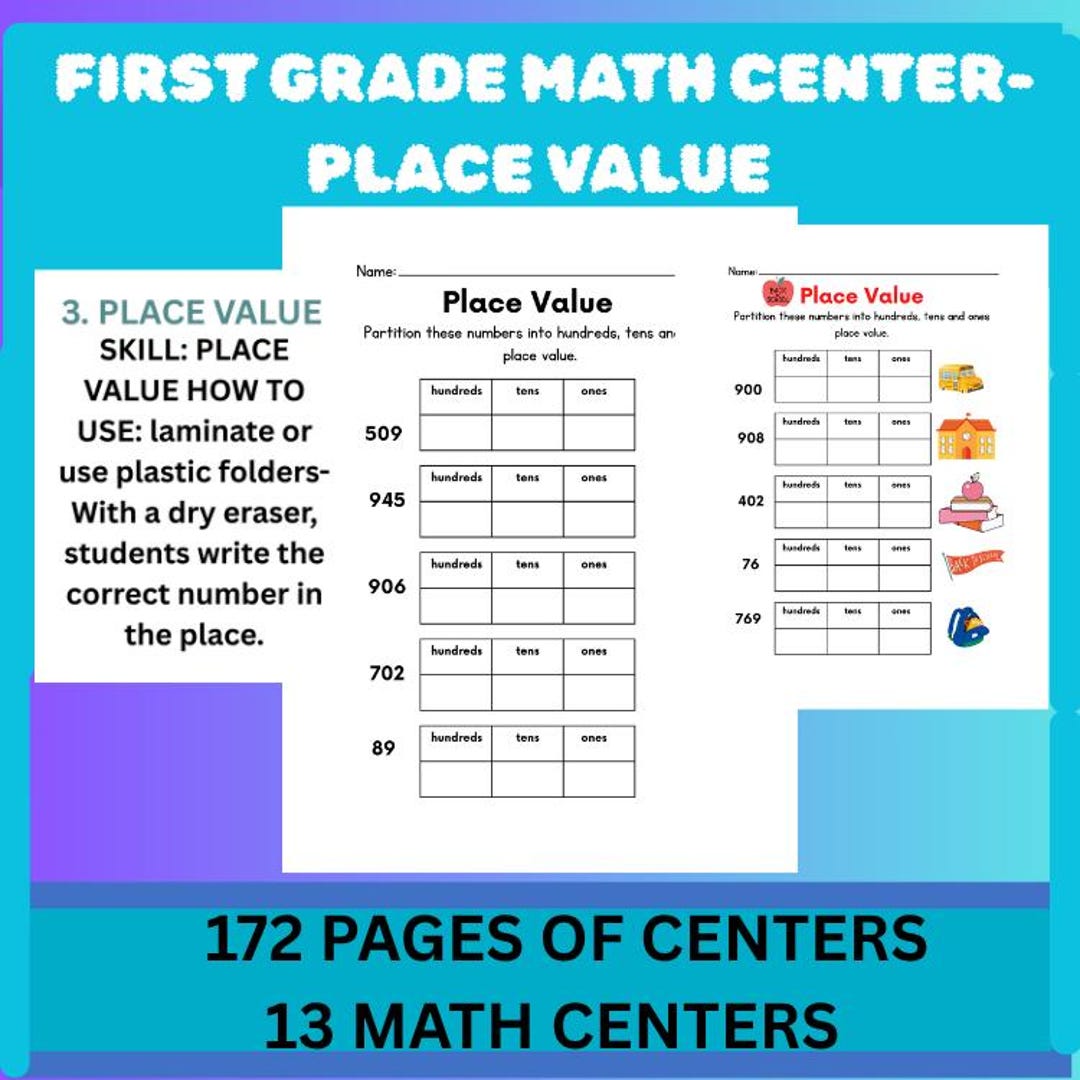 First Grade Math Center/ Back to School Place Value/ Black and White or ...