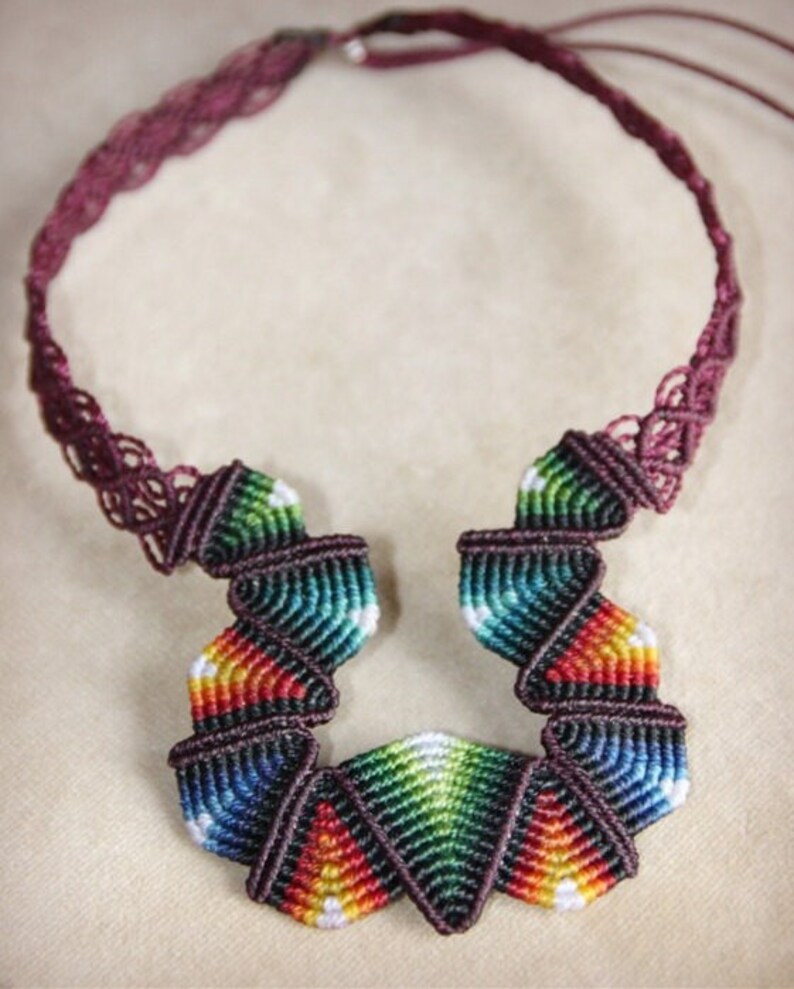 Geometrical Fiber Bib Necklace RAINBOW AZTECA, Colorful Hand Knotted ...