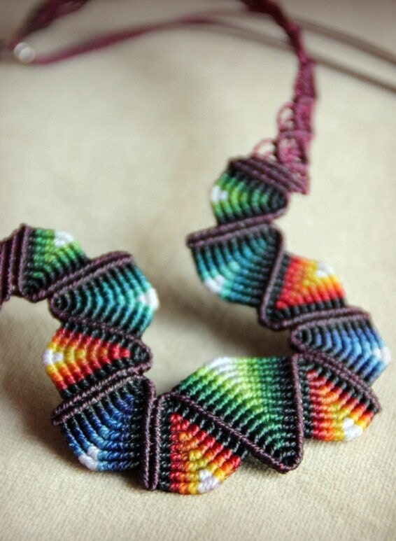 Geometrical Fiber Bib Necklace RAINBOW AZTECA, Colorful Hand Knotted ...