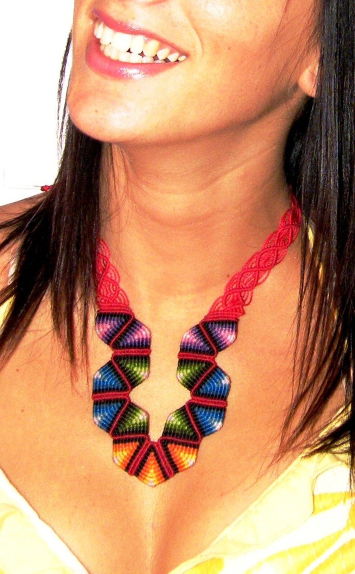 Fiber Bib Necklace RED RAINBOW, Handmade Statement Macrame Necklace ...