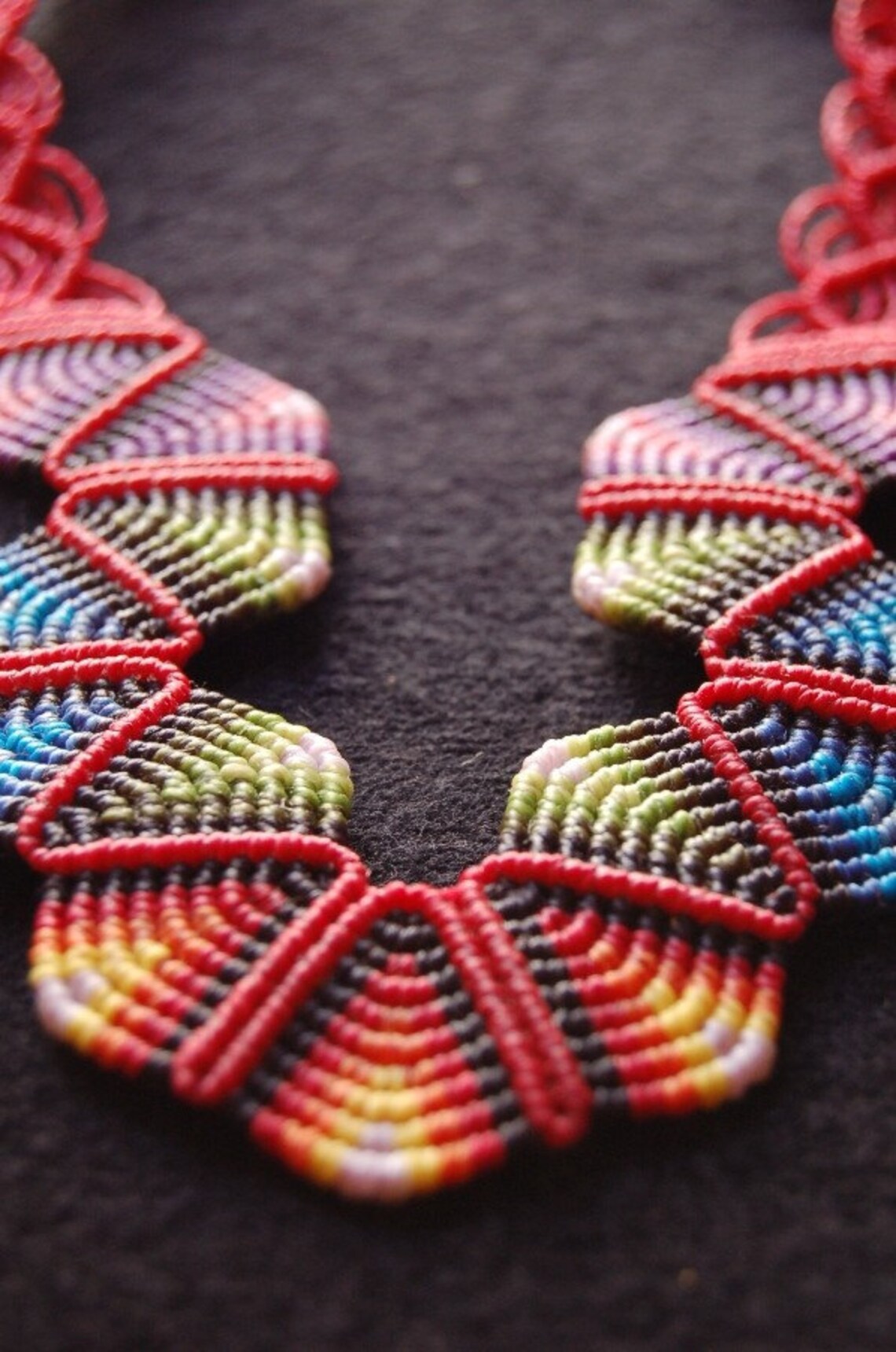 Fiber Bib Necklace RED RAINBOW, Handmade Statement Macrame Necklace ...