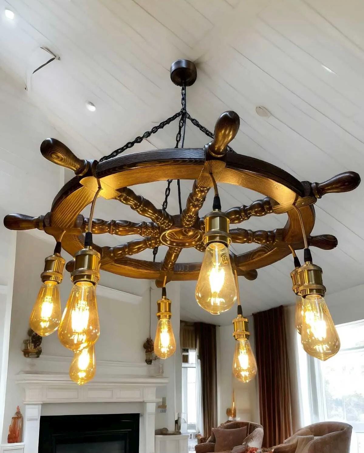 34.25 Inc Handmade Ship Wheel Chandelier |rustic Wood Farmhouse Light ...