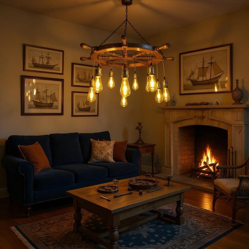 34.25 Inc Handmade Ship Wheel Chandelier |rustic Wood Farmhouse Light ...