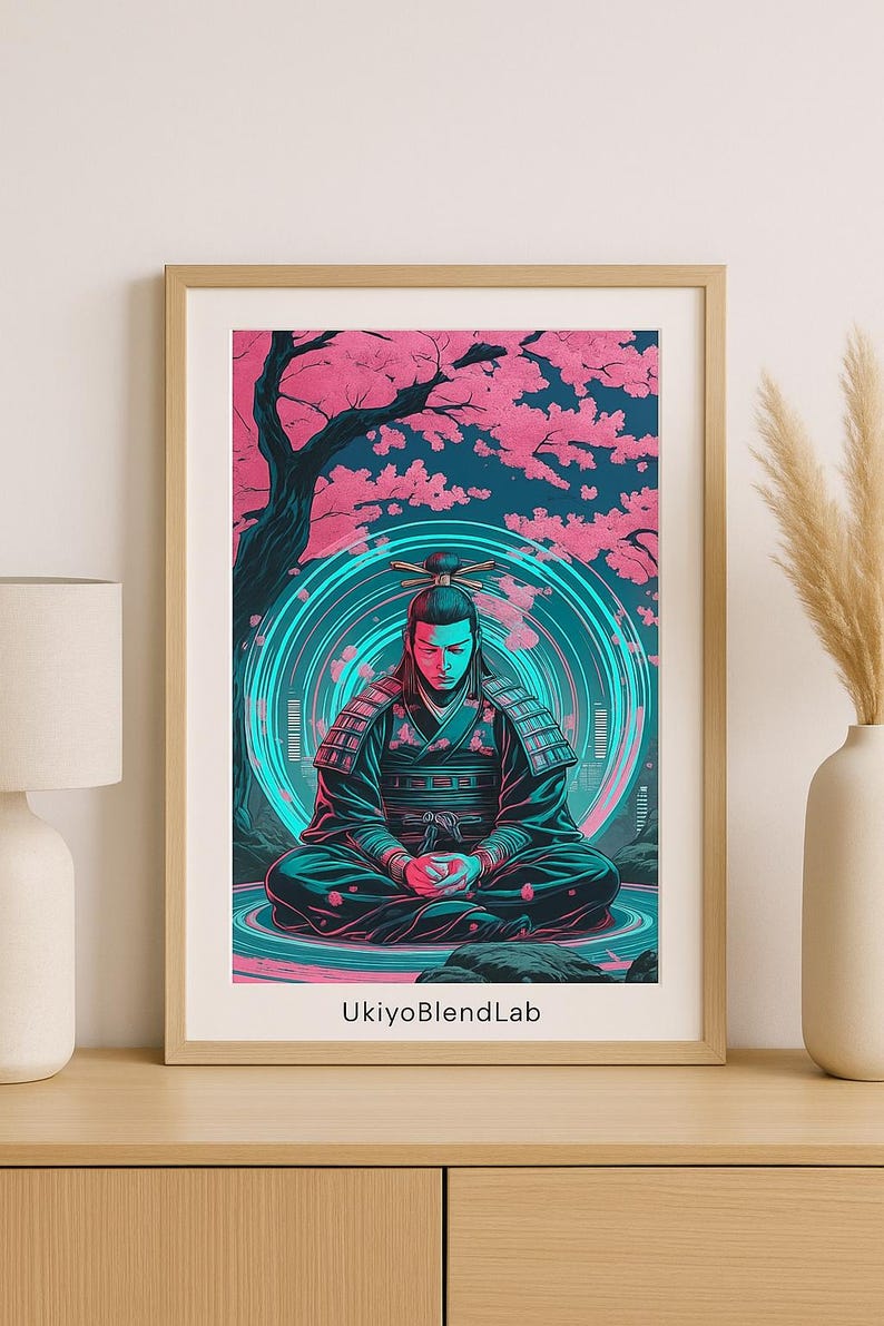 Samurai Meditation Wall Art – Cyberpunk Sakura Digital Print, Japanese ...