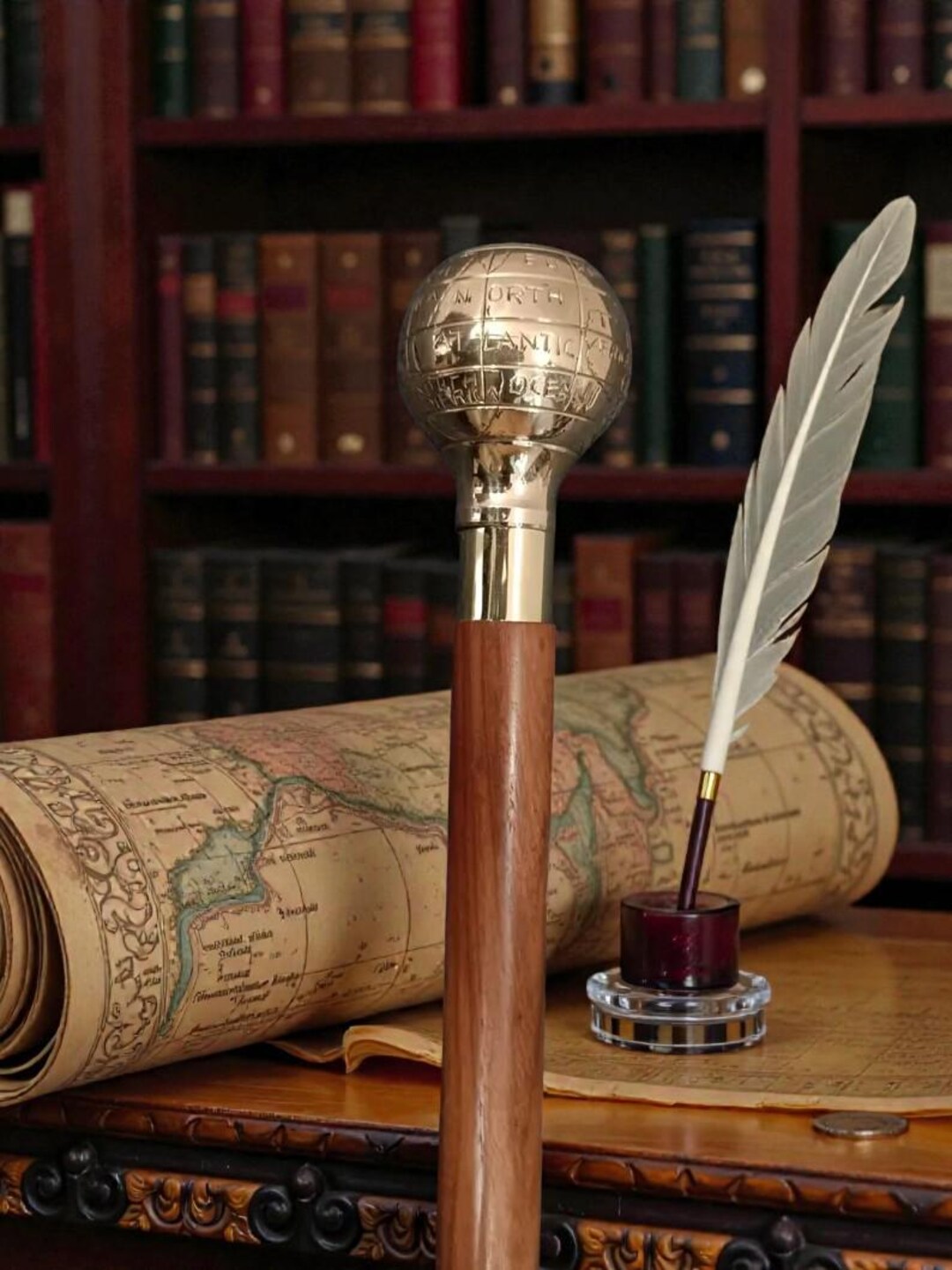 Silver World Globe Walking Stick Cane - Wood Shaft Travel Gift ...