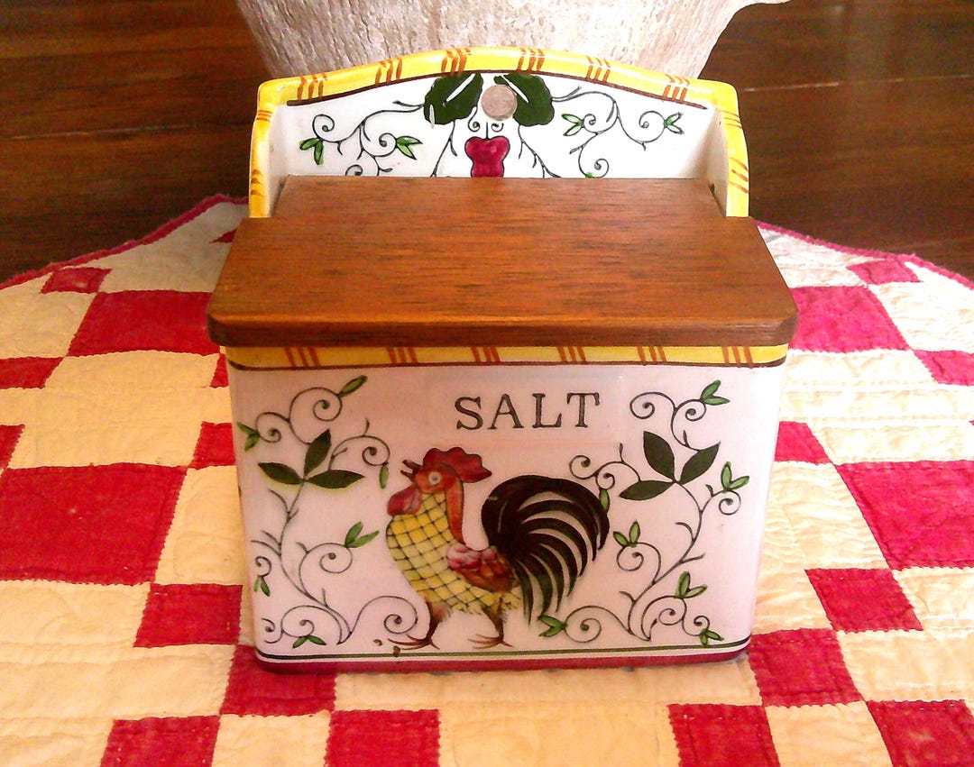 Vintage PY Rooster and Roses Ceramic Salt Box W/wood Lid Ucagco Early ...