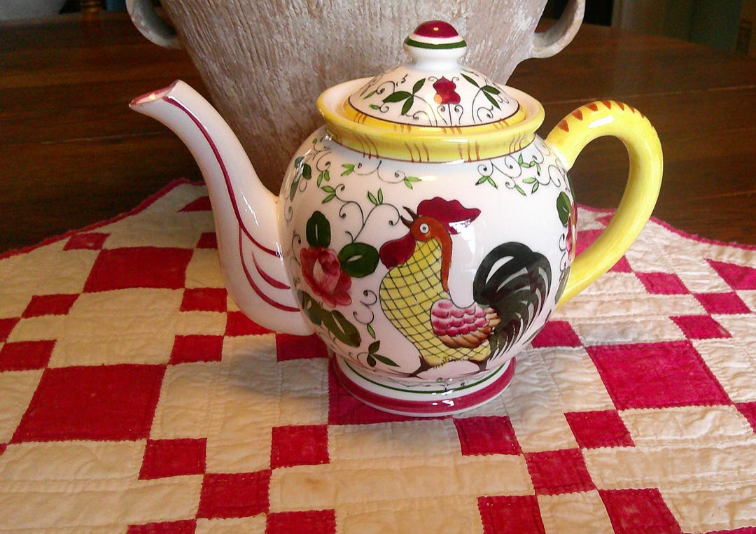 Vintage Rooster and Roses Tea Pot With Lid PY Early Provincial Pink ...