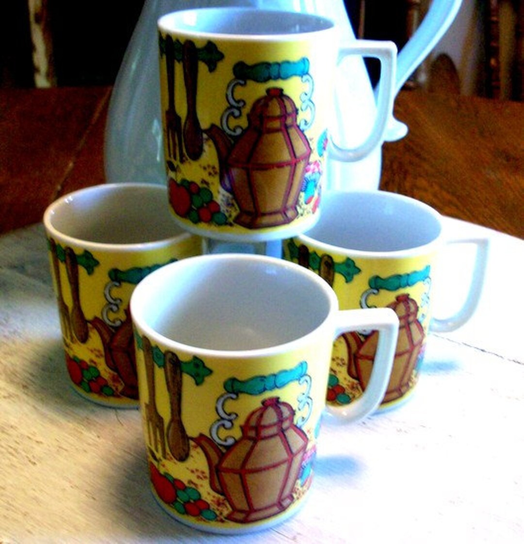 4 Vintage Brasserie Made in Japan Handled Ceramic Coffee Tea Cups Mugs ...