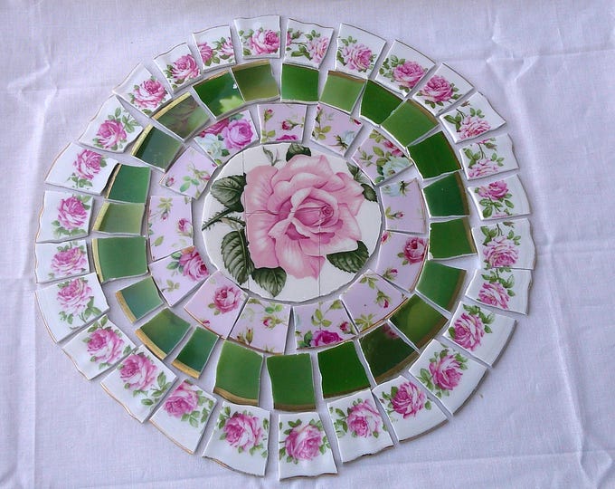 63 Hand Cut Mosaic Tiles Shabby Chic Cottage Pinks Greens Gold 3 3/4 ...