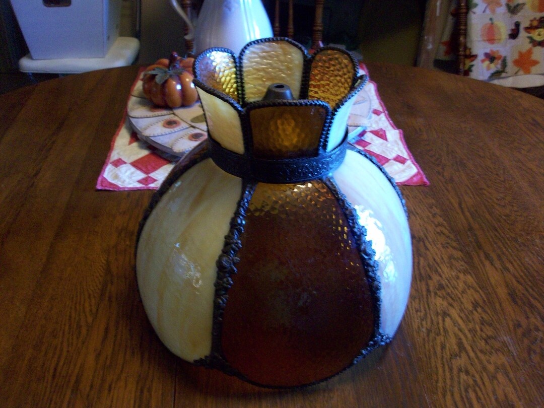 Vintage 1970's Brown and Cream Slag Glass Shade Brass Frame SHADE ONLY ...