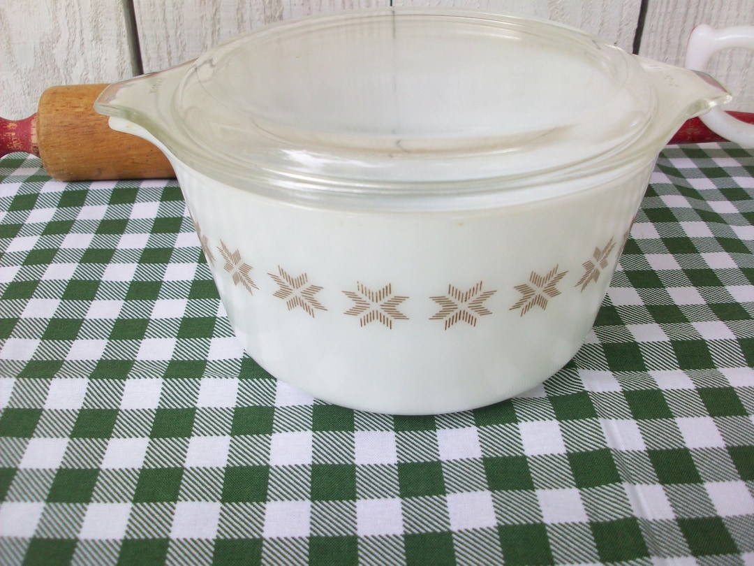 PYREX #473 1 Quart Casserole With Lid White/brown Stars Town and ...