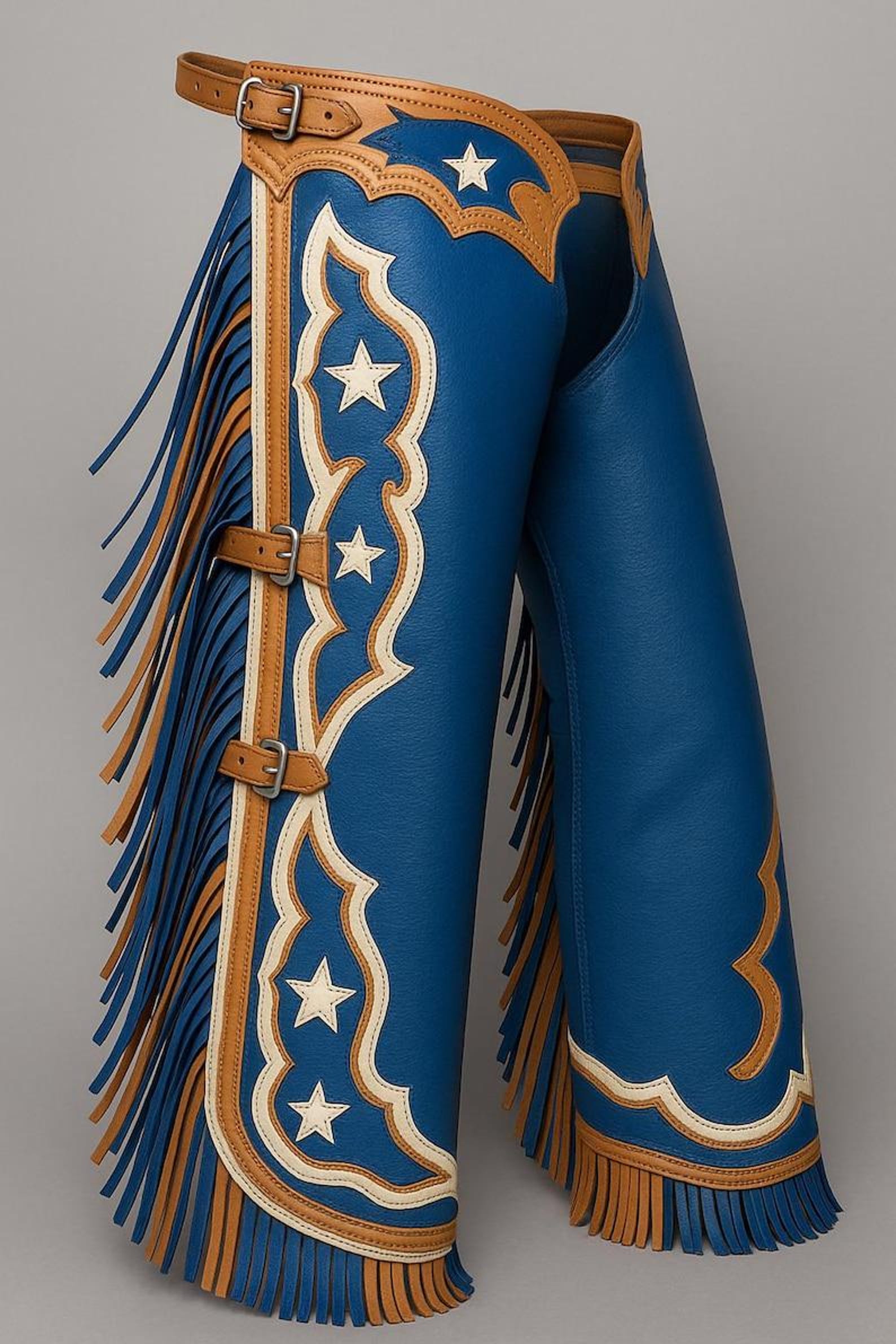 Western Cowboy Leather Chaps – Blue & Tan Rodeo Fringe Chaps, Star ...