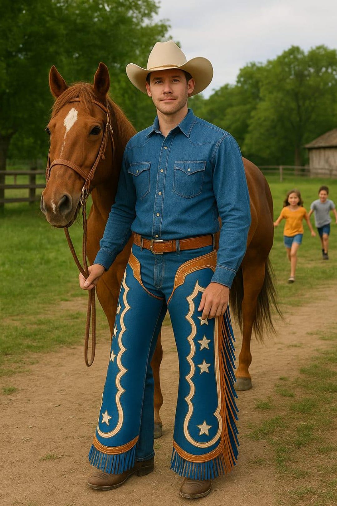 Western Cowboy Leather Chaps – Blue & Tan Rodeo Fringe Chaps, Star ...