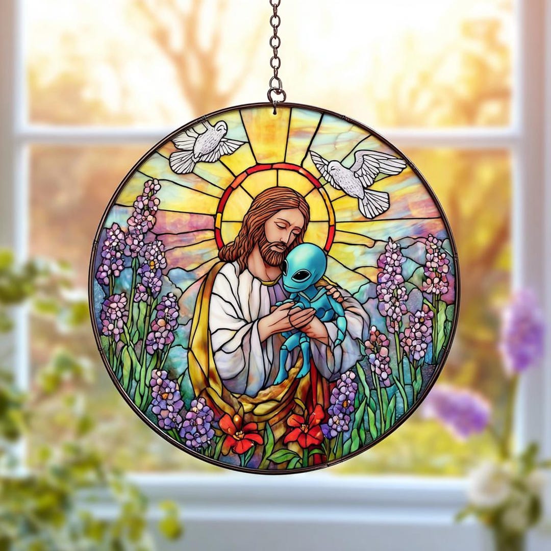 Jesus Hugging Alien Stained Glass Suncatcher, Art Unique UFO Decor ...