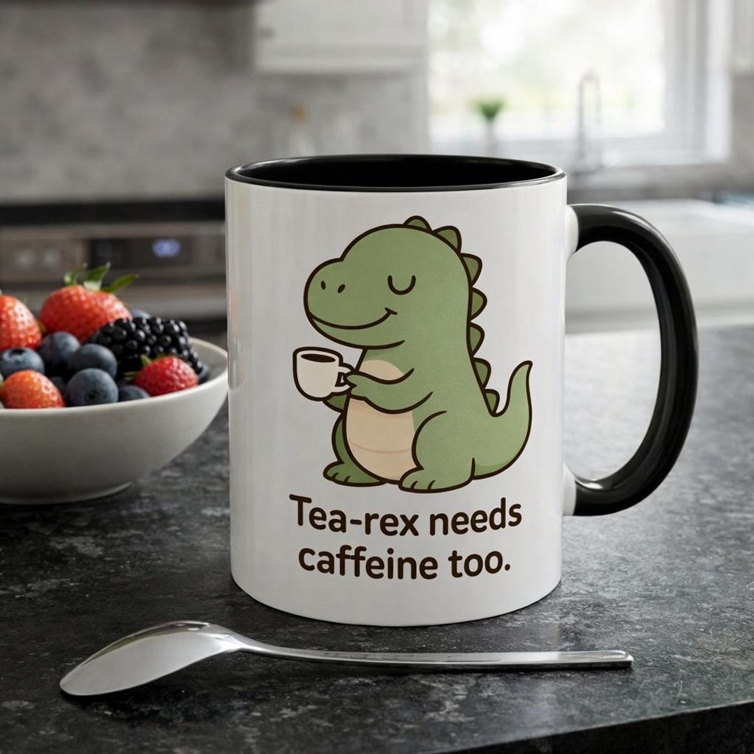 Tea-rex Needs Caffeine Too Mug, Cute Dinosaur Coffee Mug, Funny Dino ...