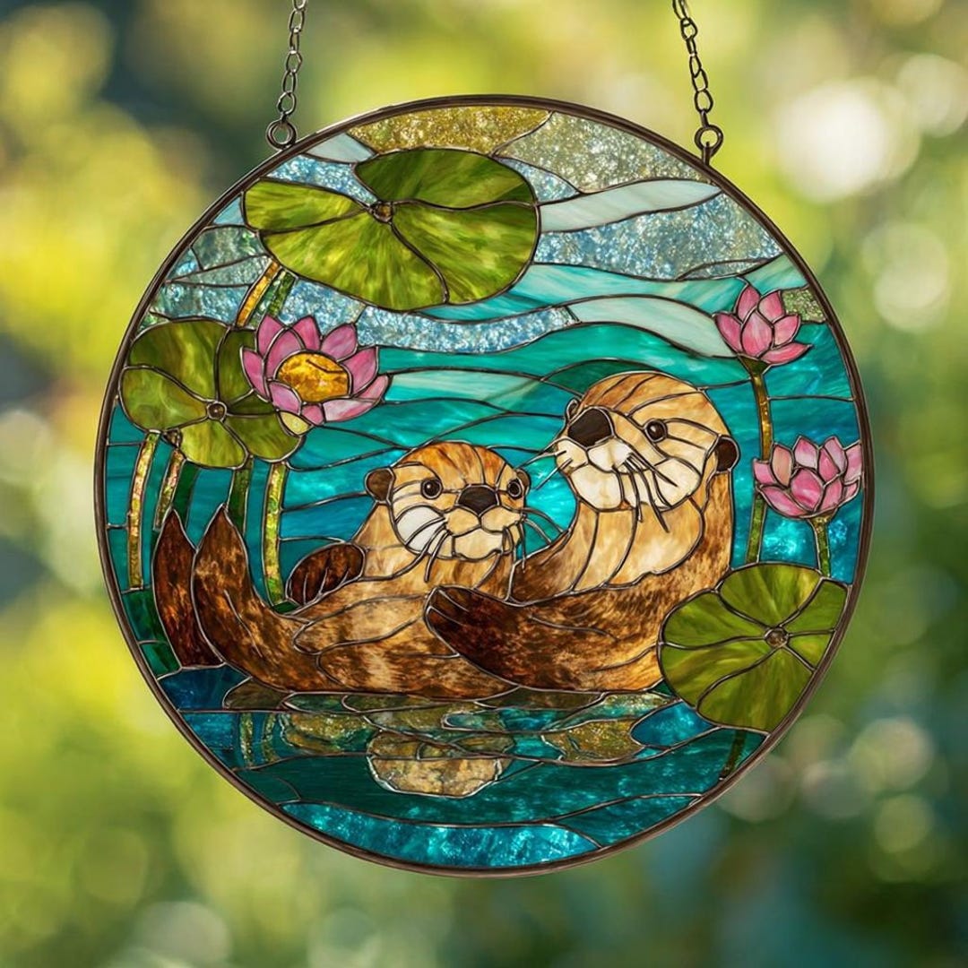 Sea Otter Glass Suncatcher, Otter Mother and Pup Window Hanging, Nature ...