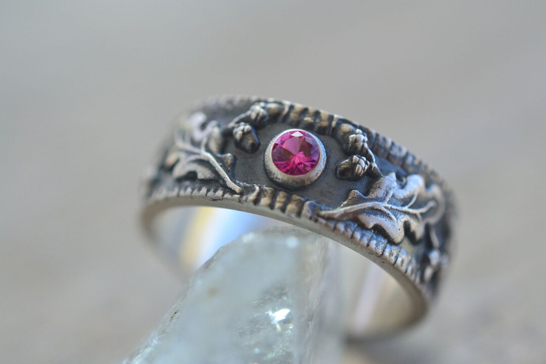 Pagan Wedding Band, Inset Ruby Ring, Oxidized Silver Oak Leaf Ring, Men ...
