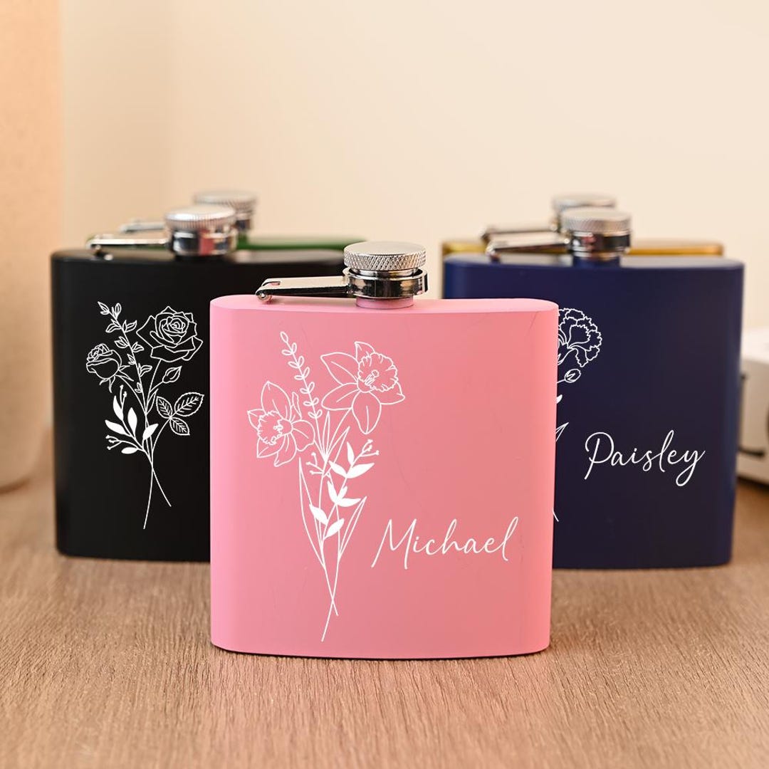 Custom Birth Month Flower Flask, Personalized Hip Flask, Hen Party Gift ...