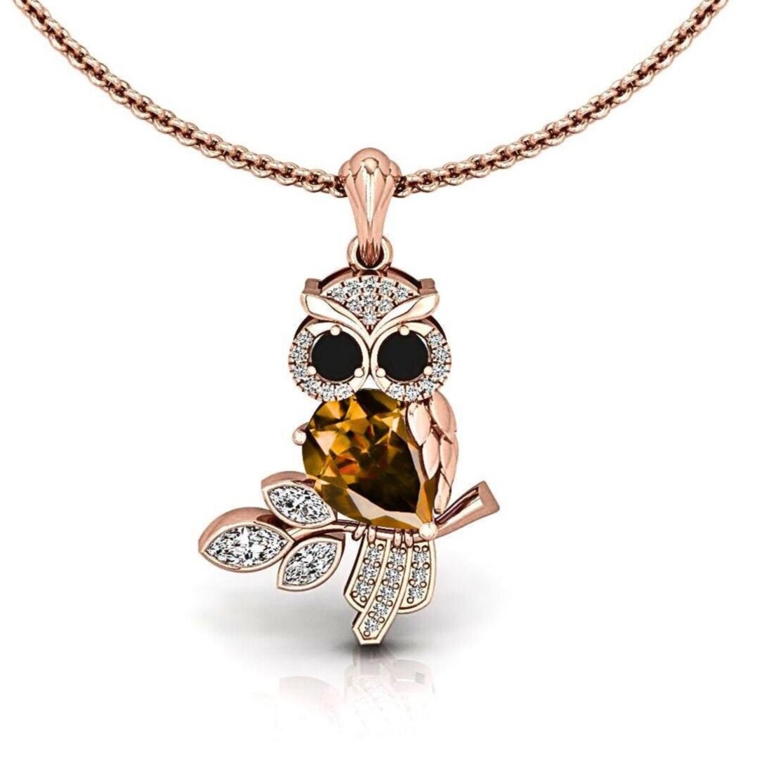 Citrine Owl Pendant Necklace: Art Deco, Moissanite, 925 Silver - Etsy