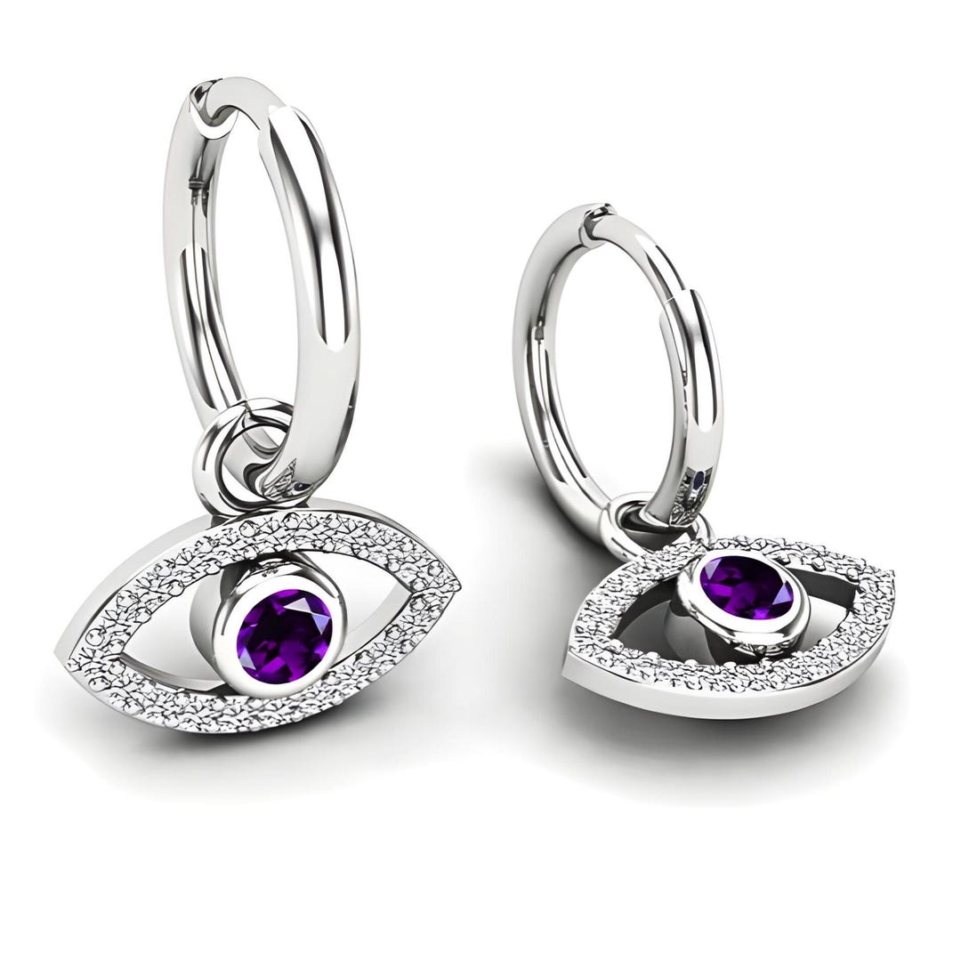 925 Silver Amethyst Dangle Lever Back Silver Earrings Evil Eye: Rhodium ...