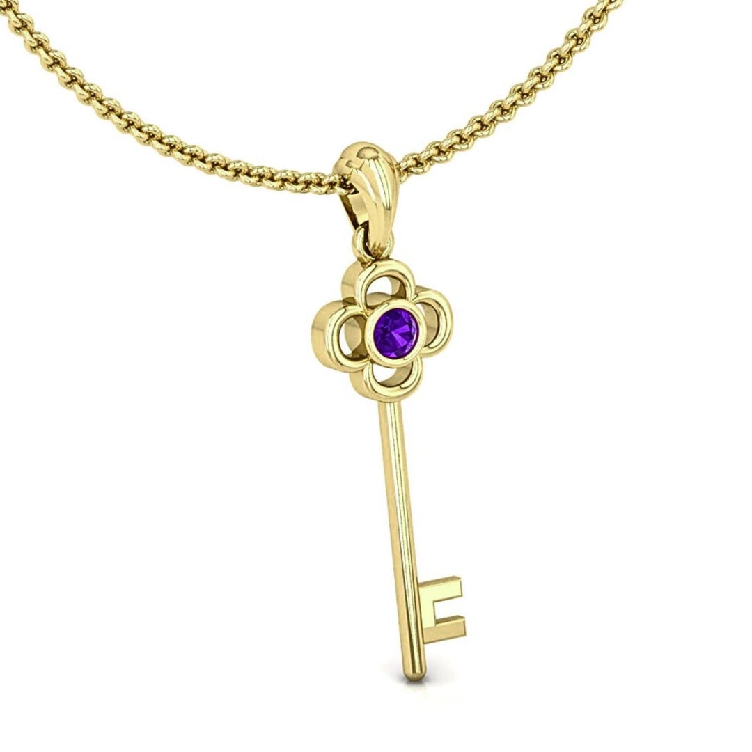 Amethyst Key Pendant Necklace: 925 Silver, Moissanite Accents, 14K Gold ...