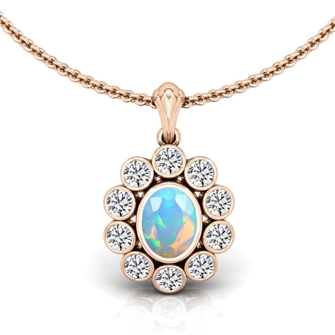 Opal Art Deco Cable Chain Pendant Necklace: 925 Silver 14k Rose Gold ...