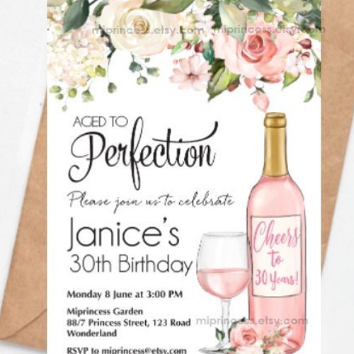 Wine Invitation Women Birthday Party Aged To Perfection Floral Etsy
