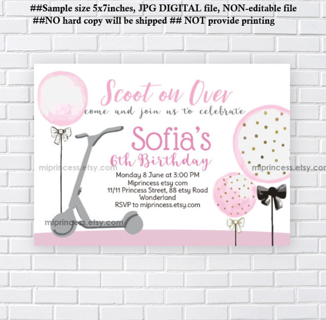 Scooter Invitation, Girl Birthday Party Invite, Pink Balloon Girl ...