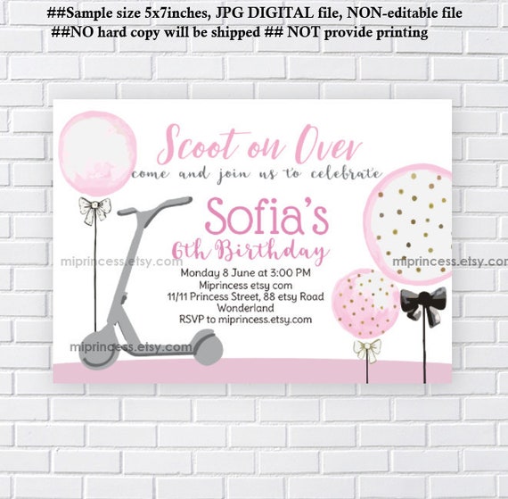 Scooter Invitation Girl Birthday Party Invite Pink Balloon | Etsy