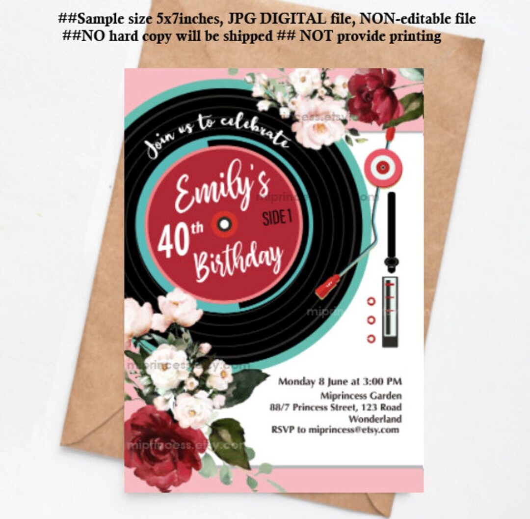 Vinyl Record Invitation Oldies Rustic Invite. Women Birthday Invitation ...