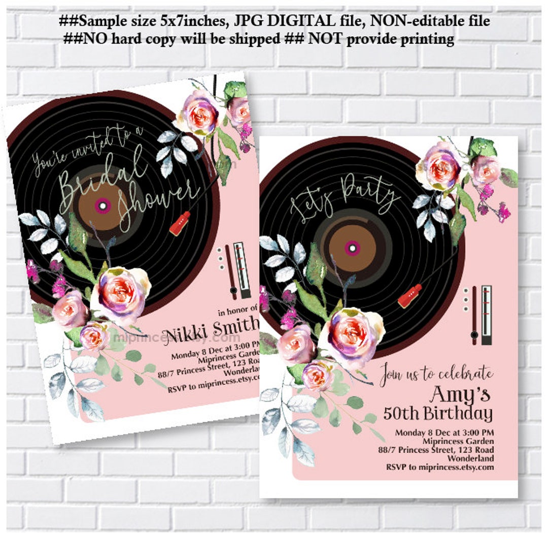 Vinyl Record Invitation Women Birthday Party Floral Oldies Rustic ...