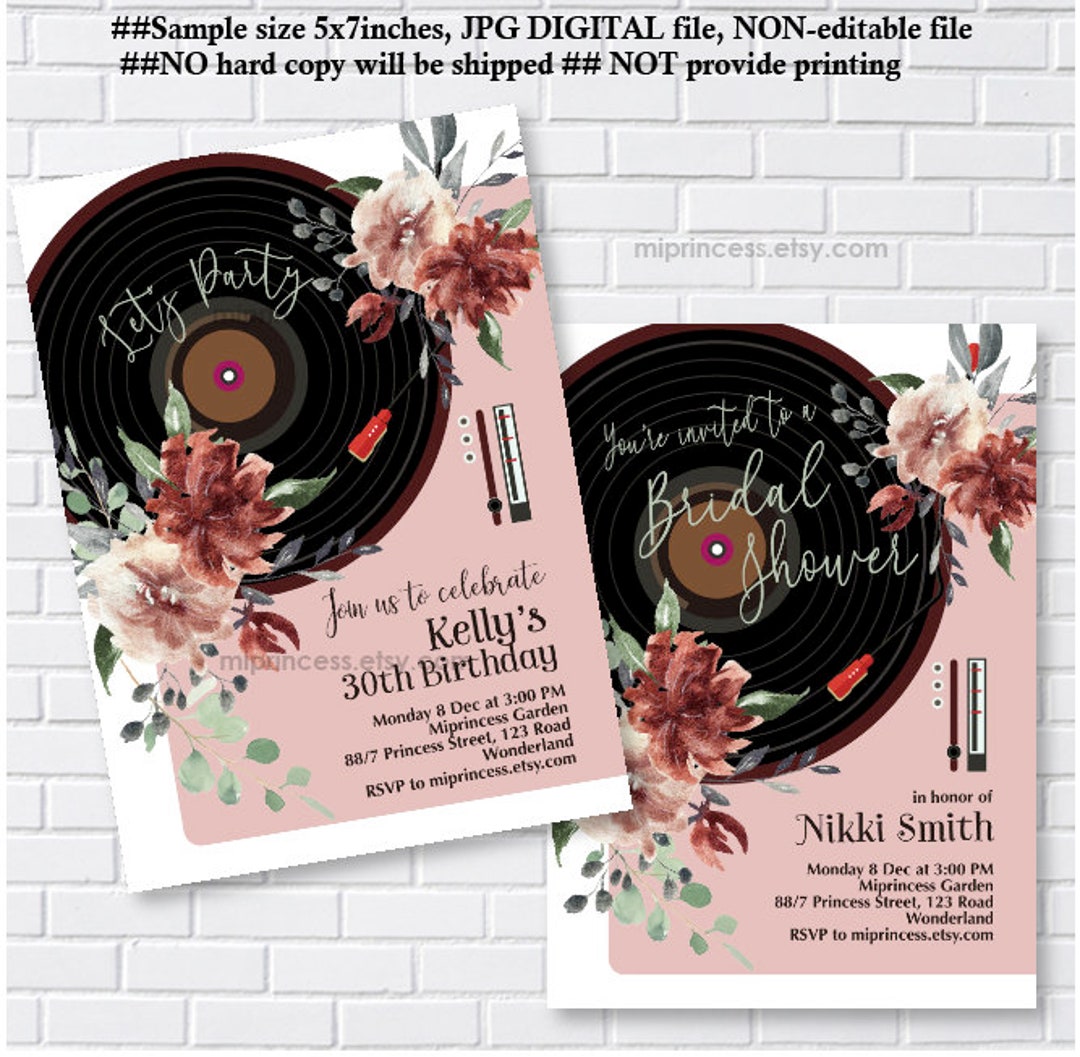 Vinyl Record Invitation Women Birthday Party Floral Oldies Rustic ...