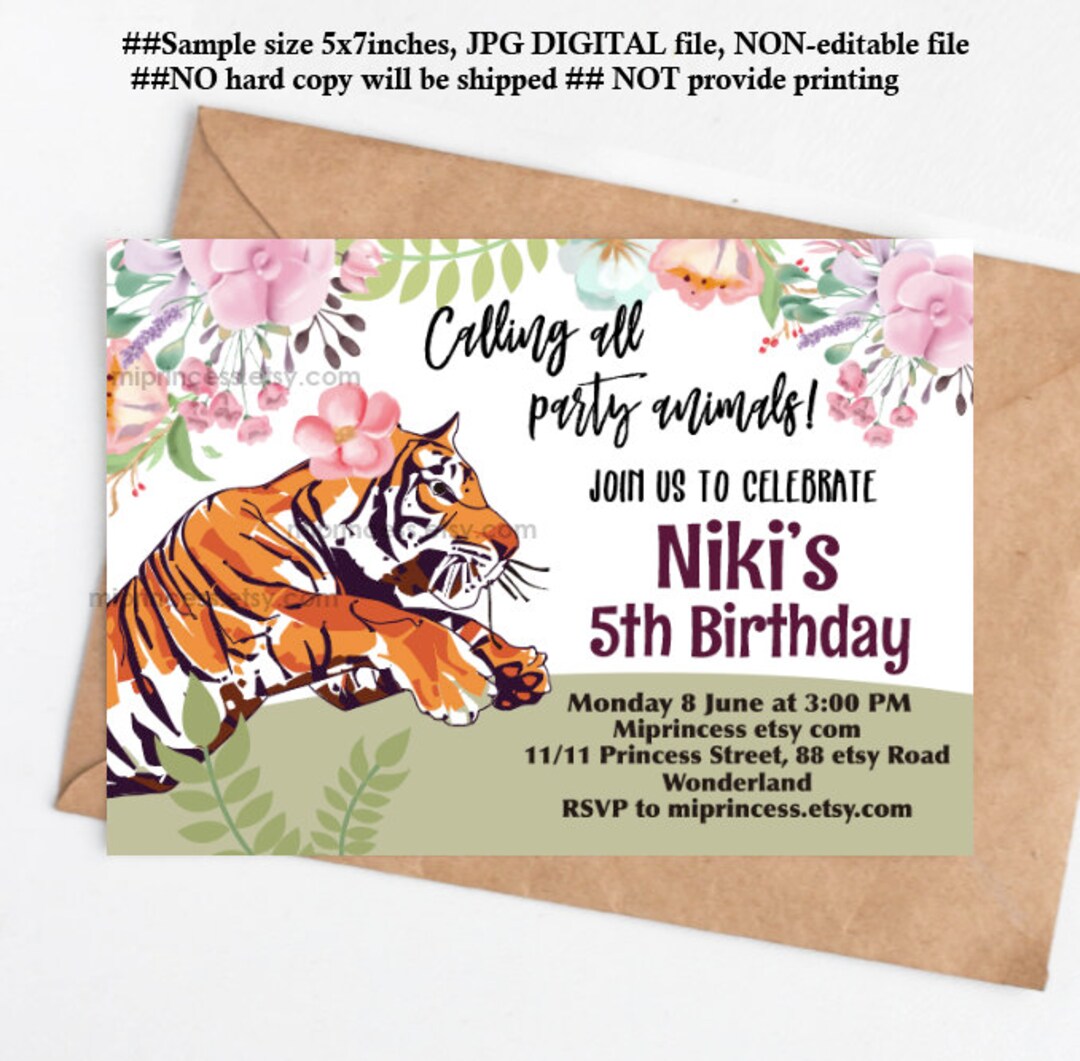 Tiger Invitation, Girl Birthday Party Invitation, Zoo Party Card 1521 ...