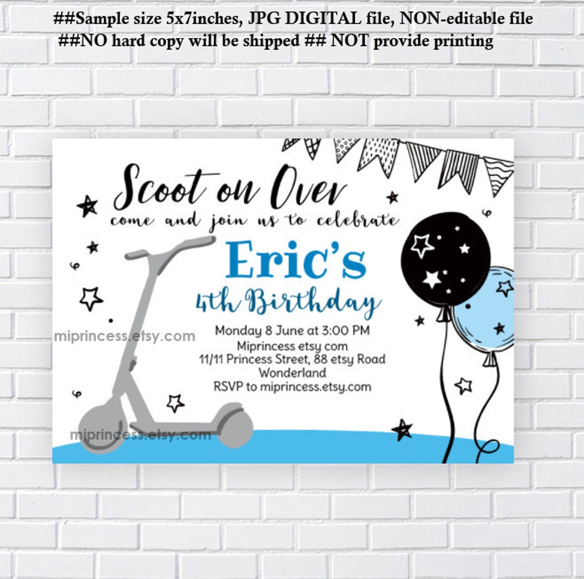 Scooter Birthday Invitation: Blue Skater Boy Party (digital File) 1405 ...