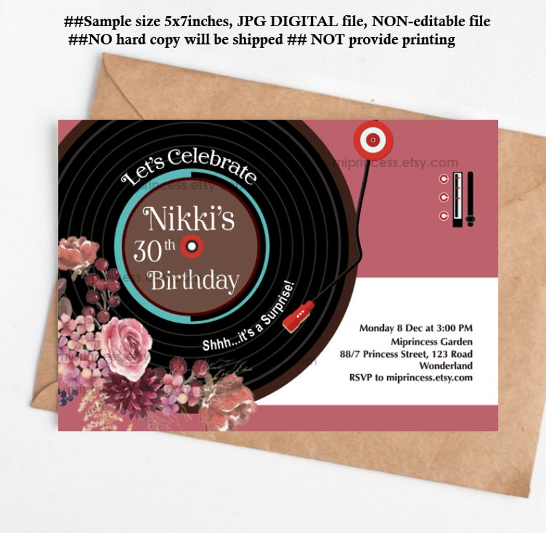 Vinyl Record invitation women birthday party floral Oldies | Etsy