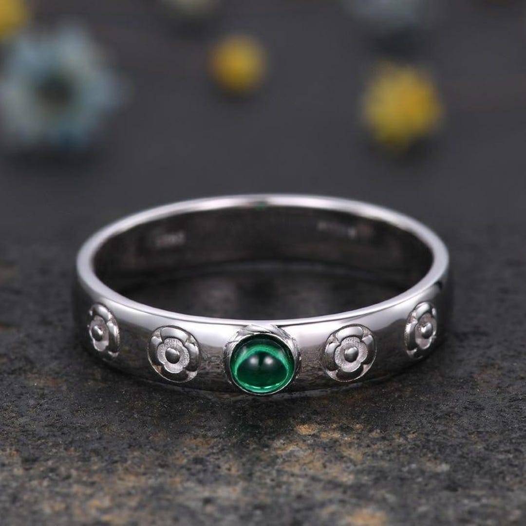 Howls Moving Castle Ring 4mm Round Green Emerald Wedding Band S925 ...