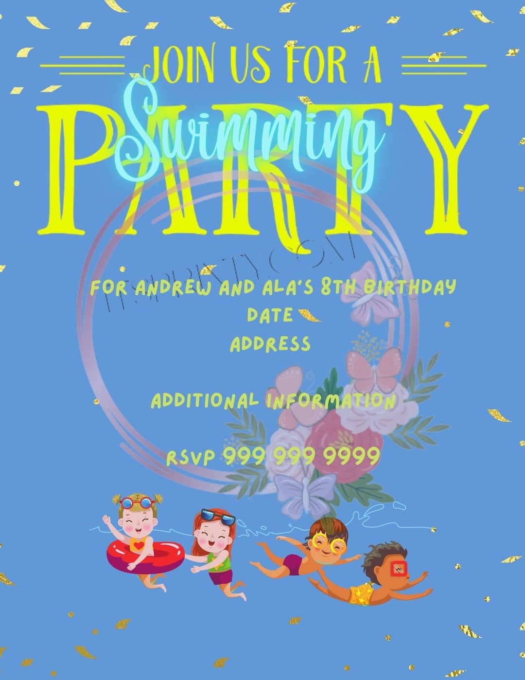 Digital Swimming Party Invitation Customization Ava Gender Neutral - Etsy