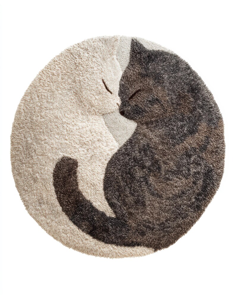Hand Made Round Black White Cat Yin Yang Rug – Woolen Carpet, Pet ...