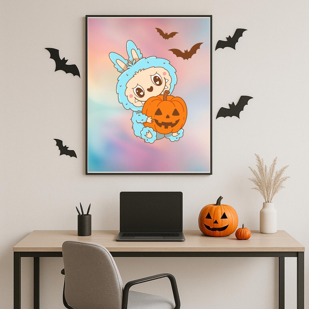 Labubu Halloween Print | Kawaii Blue Monster, Pumpkin, Bats (digital ...