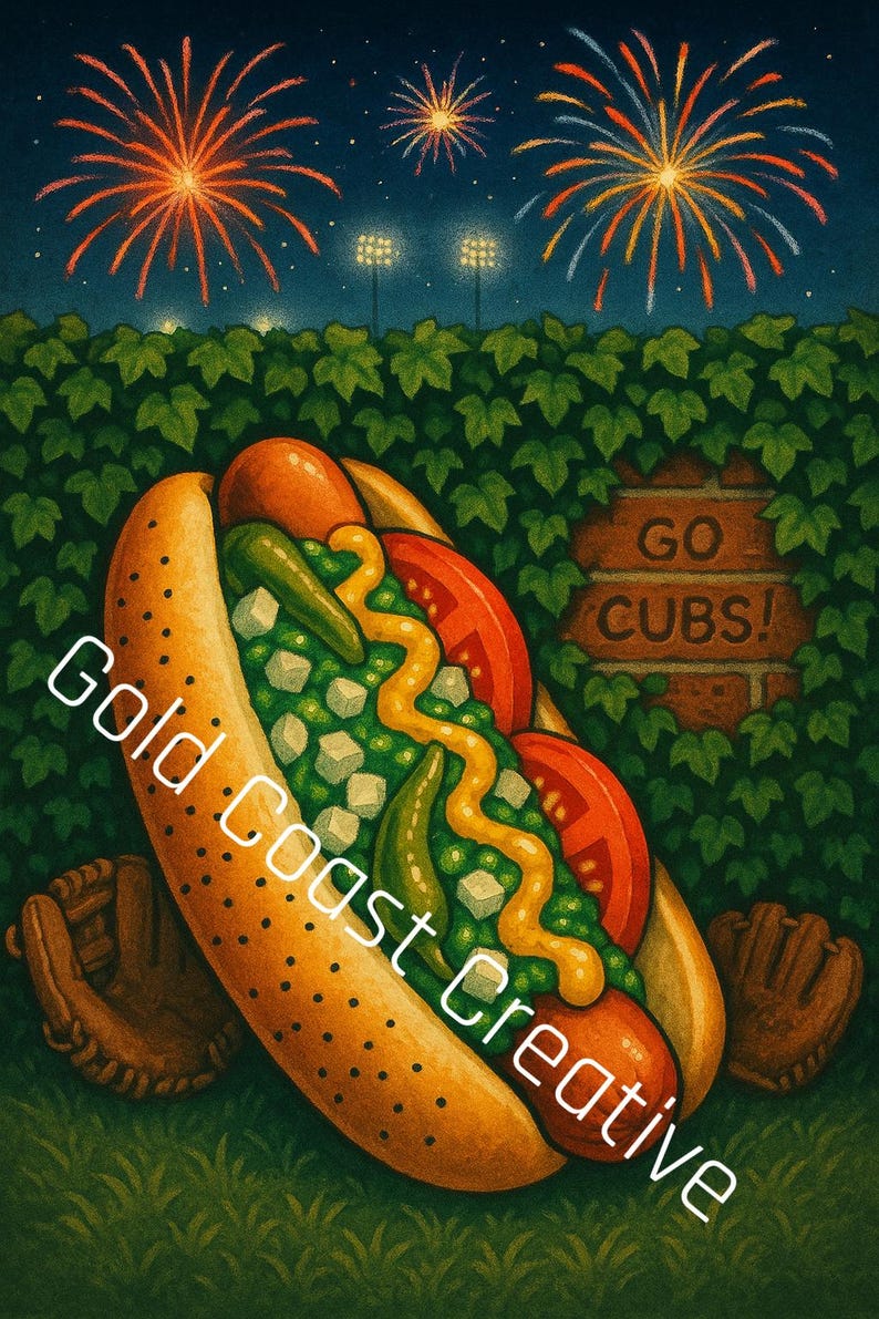 Chicago Dog Poster – Wrigley Ivy Wall, Fireworks, Night Game Vibes ...