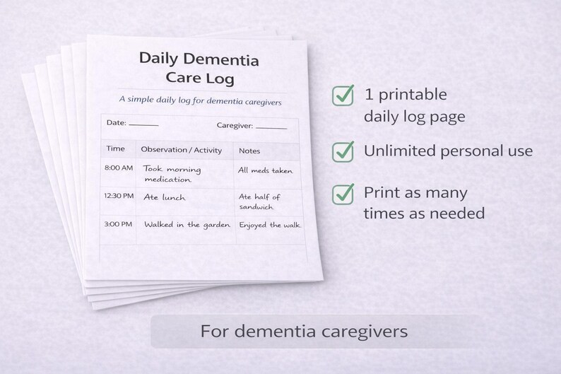 Daily Dementia Care Log Printable | Caregiver Daily Log | Memory Care ...
