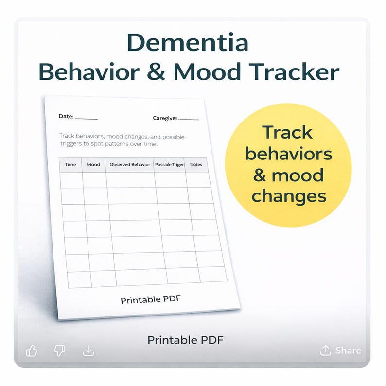 Dementia Behavior & Mood Tracker Printable | Caregiver Daily Log ...