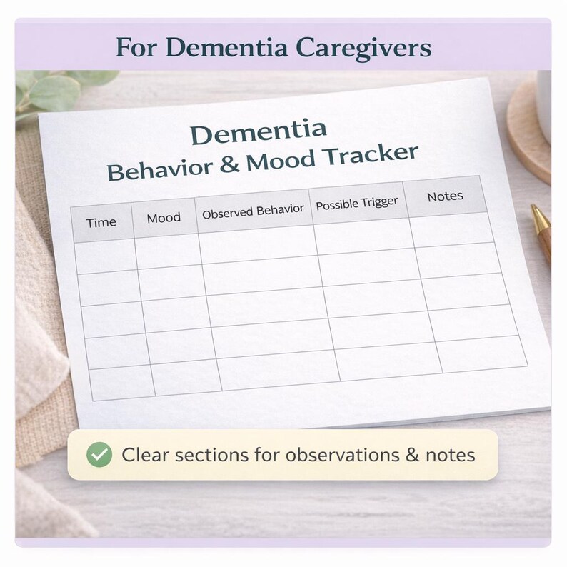 Dementia Behavior & Mood Tracker Printable | Caregiver Daily Log ...