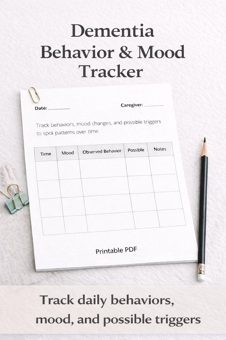 Dementia Behavior & Mood Tracker Printable | Caregiver Daily Log ...