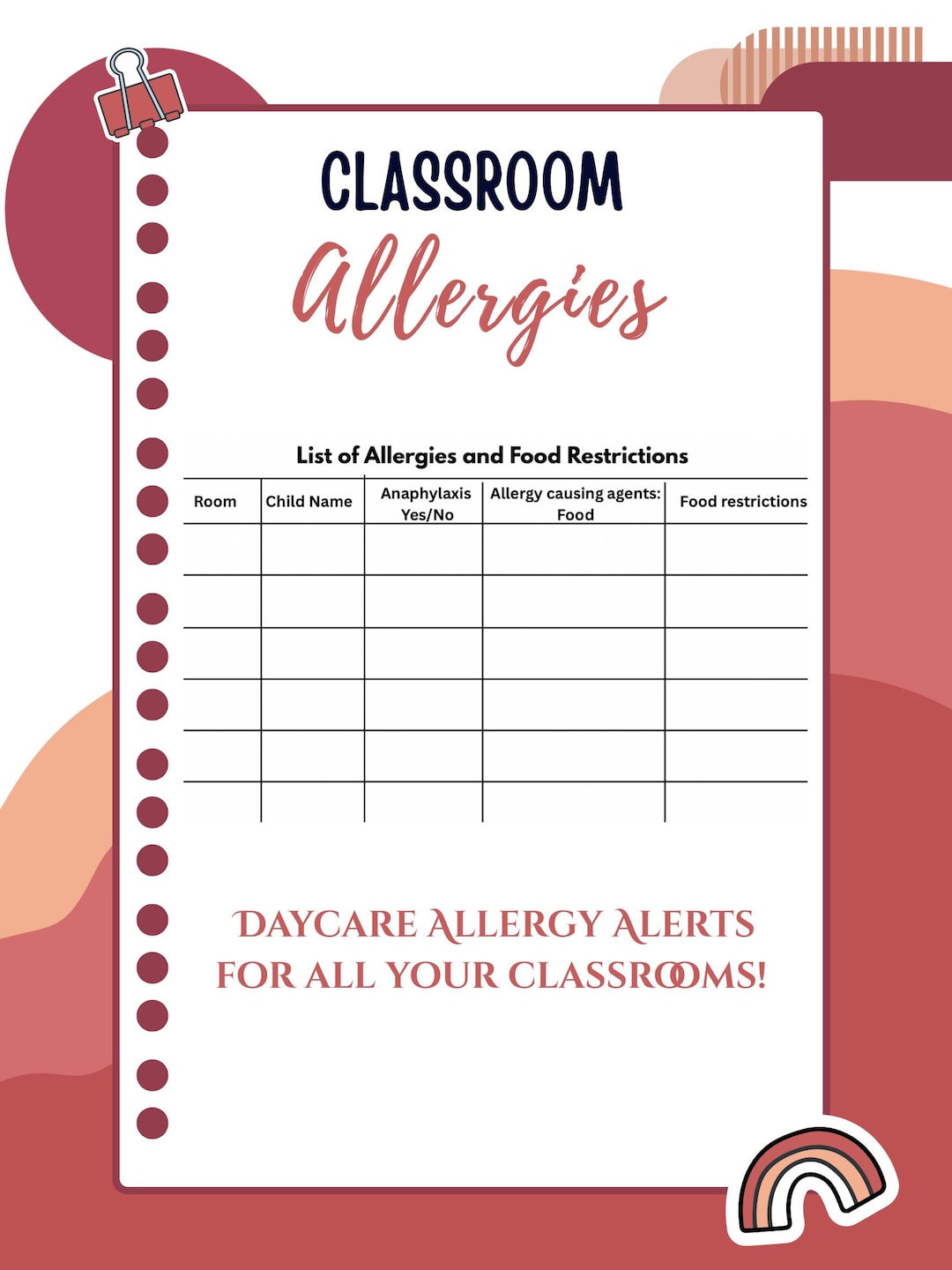 Editable Child Allergy List Template: Daycare Classroom PDF - Etsy